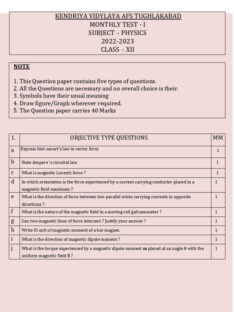 Class 12 Physics MT 1 | PDF | Magnetic Field | Metrology