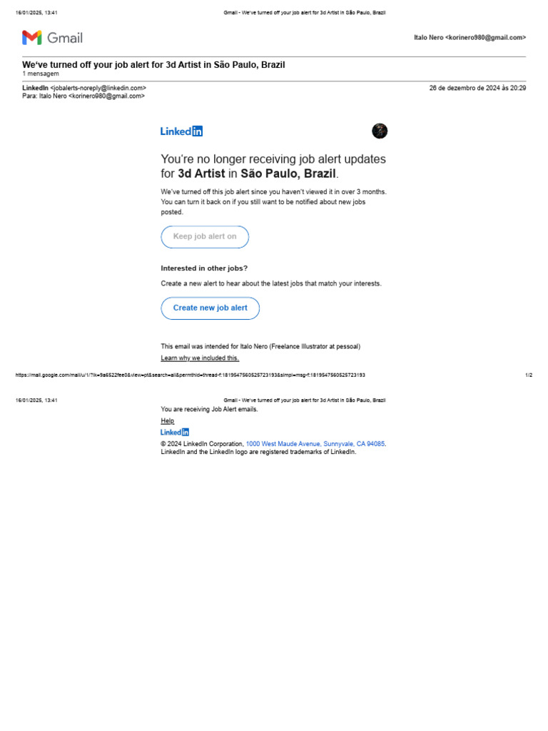 Gmail - We Ve Turned Off Your Job Alert For 3d Artist in São Paulo ...