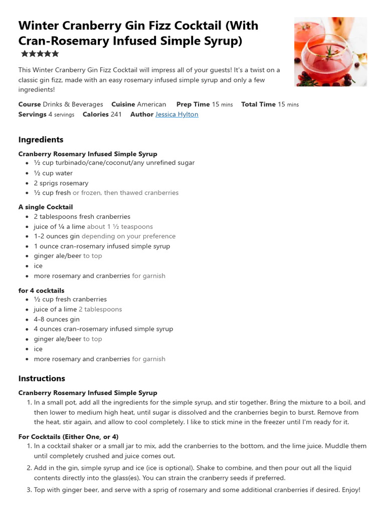 Winter Cranberry Gin Fizz Cocktail (With Cran-Rosemary Infused Simple Syrup) - Jessica in the ...