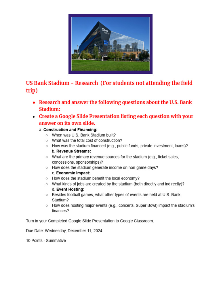 US Bank Stadium - Research Task (For Students Not Attending The Field ...