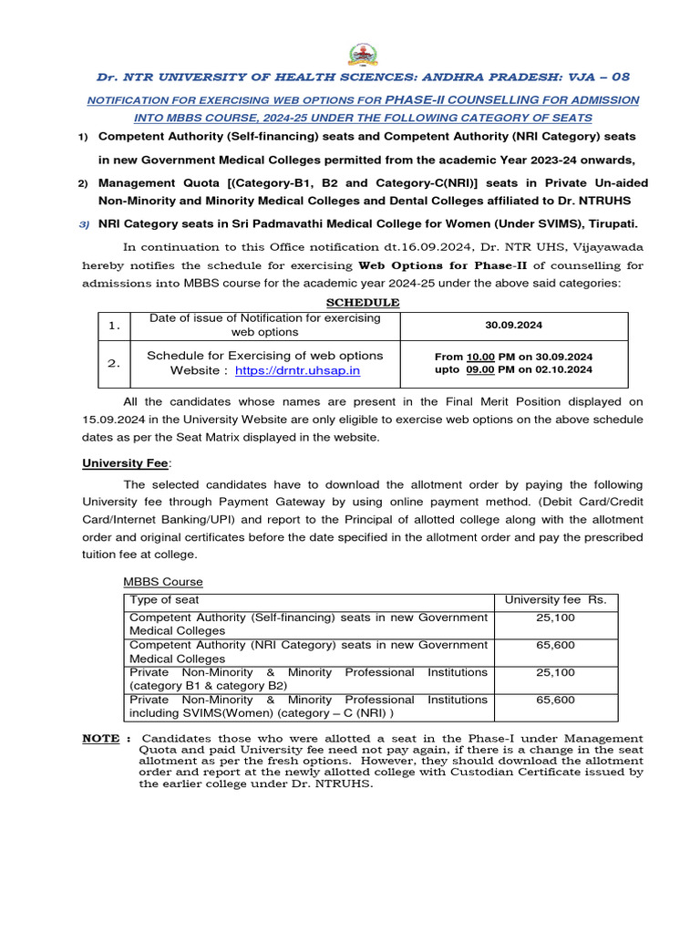 MBBS Admissions 2024-25 Under Management Quota - Notification For Web Options Under Phase-II ...
