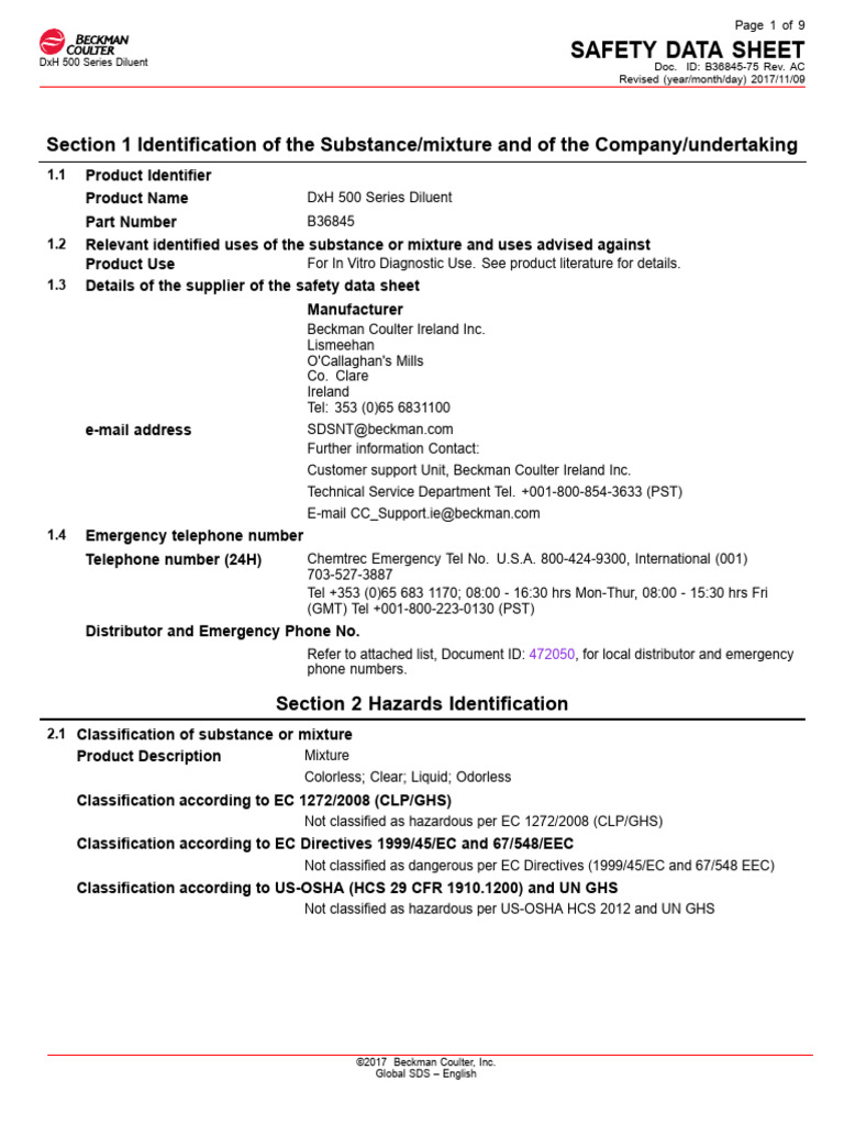 DxH 500 Series Diluent Safety Data Sheet | PDF | Safety | Occupational ...