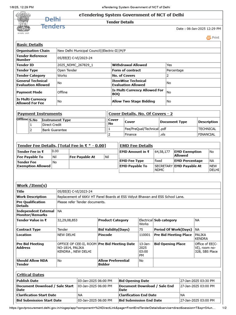 Delhi 66KV Panel Replacement Tender | PDF | Business | Payments