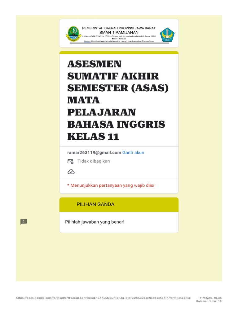 Asesmen Sumatif Akhir Semester (Asas) Mata Pelajaran Bahasa Inggris Kelas 11 | PDF | Feeling ...