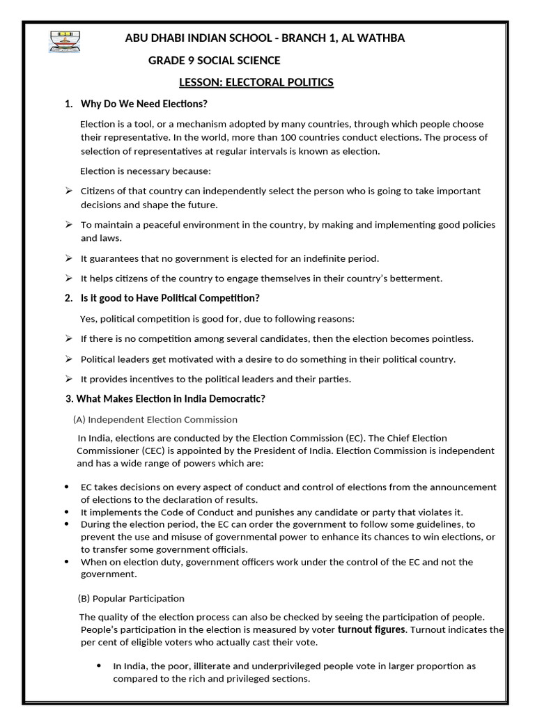Grade 9 Notes on Electoral Politics | PDF | Electoral District | Elections