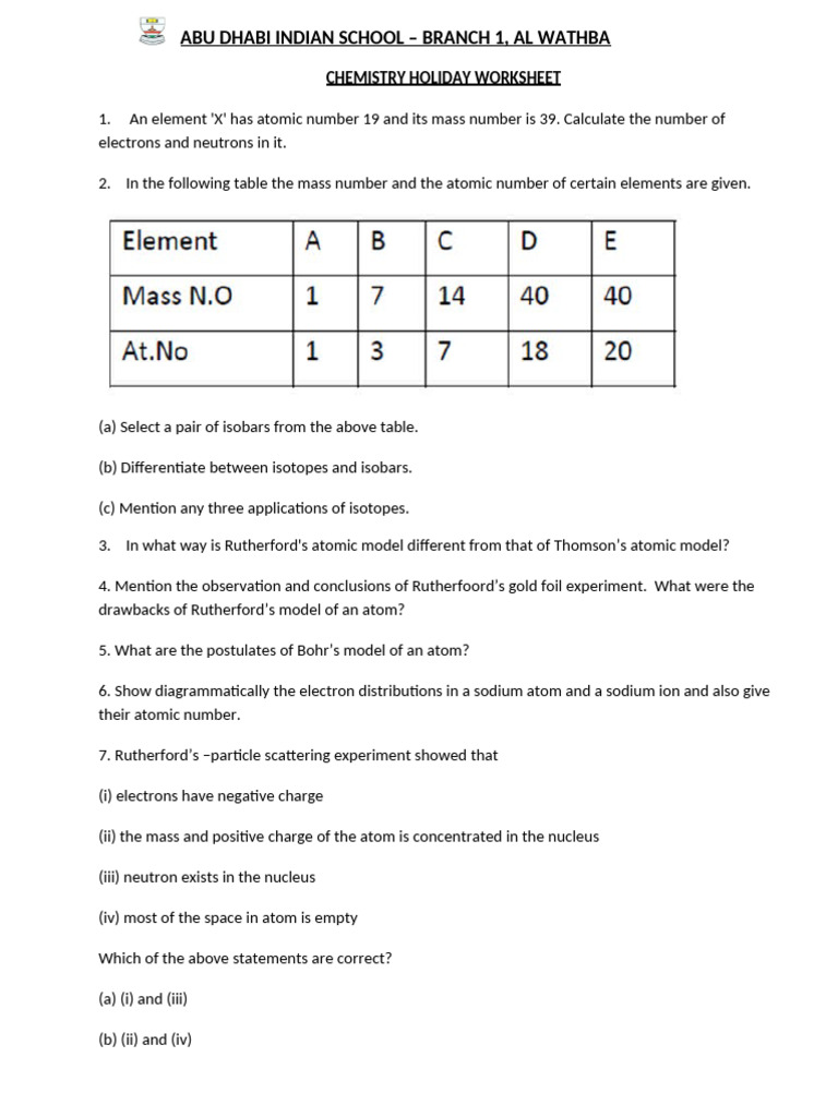 Chemistry GR 9 Holiday Worksheet - Structure of The Atom | PDF