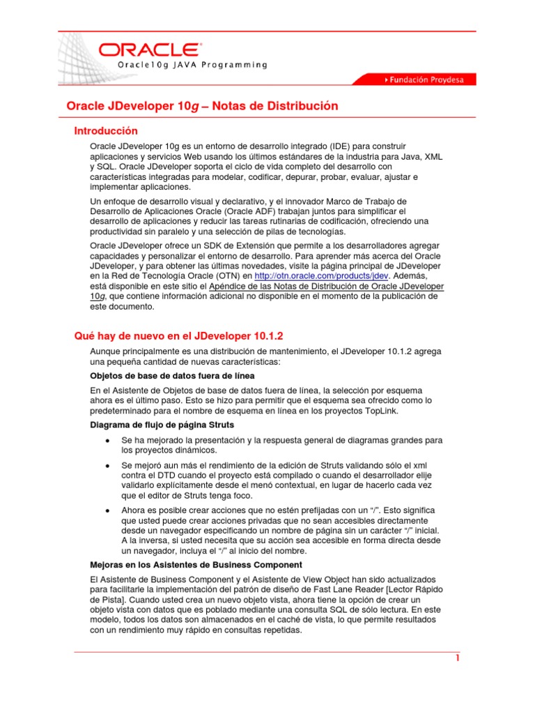 1 - Oracle JDeveloper 10g - Notas de Distribución | PDF | Script Java | Entorno de desarrollo ...