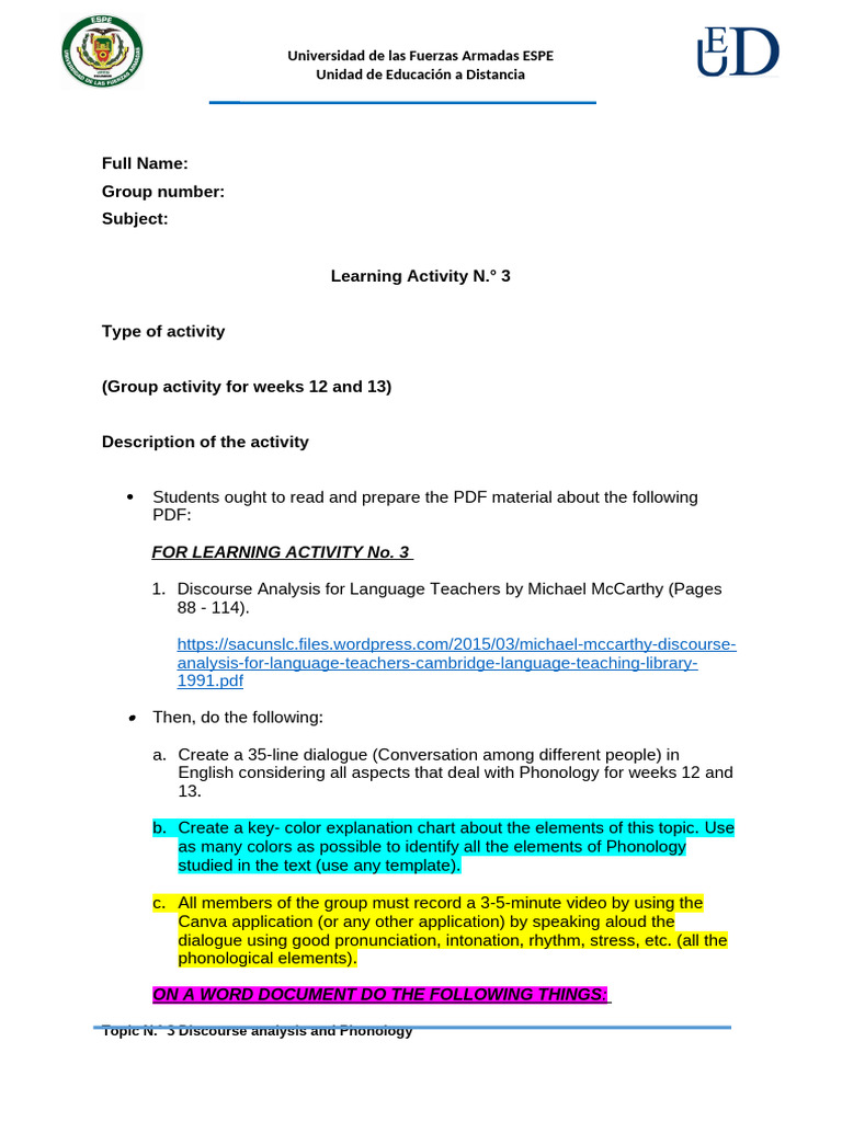 Discourse Analysis and Phonology Activity | PDF | Grammar | Phonology
