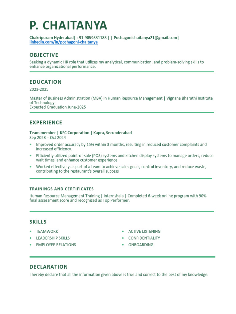 HR Professional Resume of P. Chaitanya | PDF