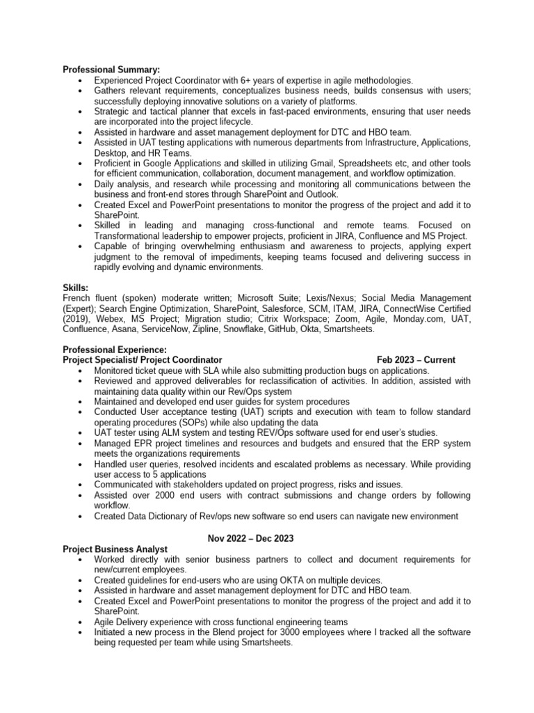 Project Manager-Project Coordinator - Sample | PDF | Windows 10 ...