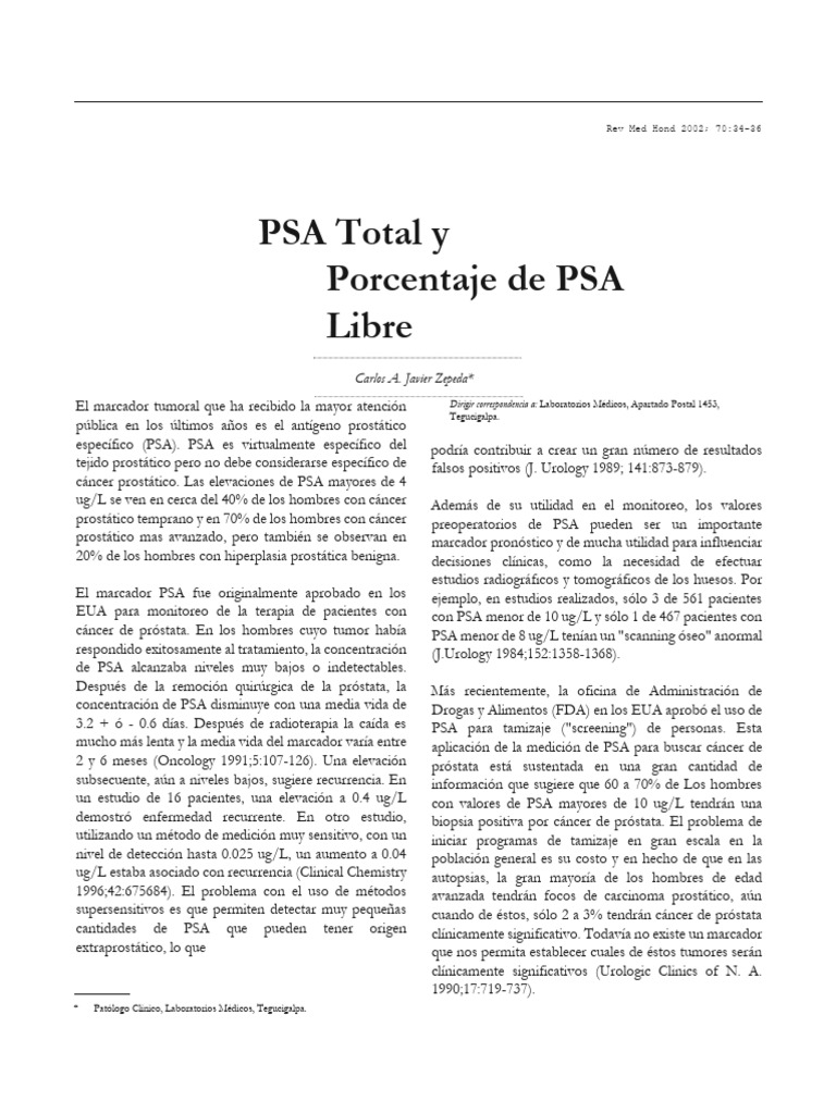 PSA Total y Libre: Valores y Uso Clínico | PDF | Antígeno específico de ...