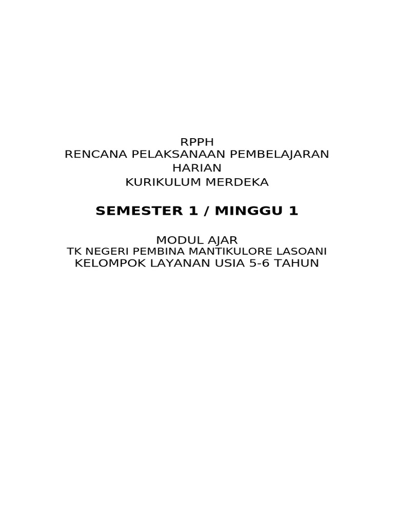 Modul - Ajar - RPPH - TK - B - 5 - 6 - Tahun - Kurmer - Smt1 - Minggu - 01 | PDF