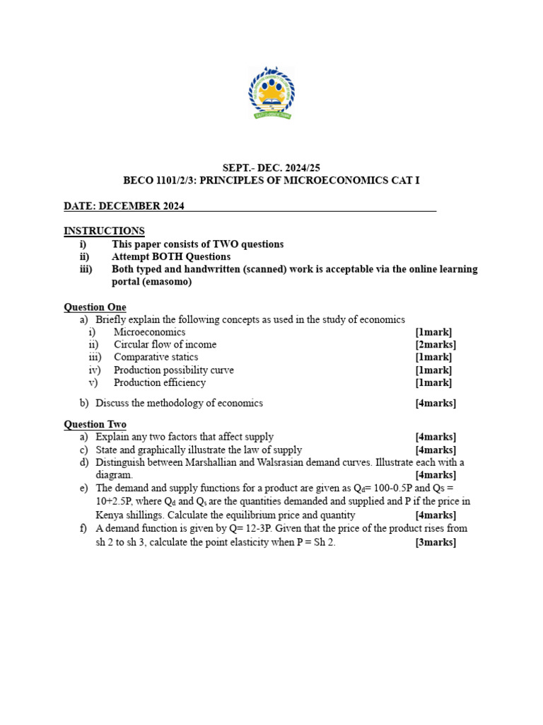 BECO 1101 - Principles of Microeconomics CAT 1 | PDF