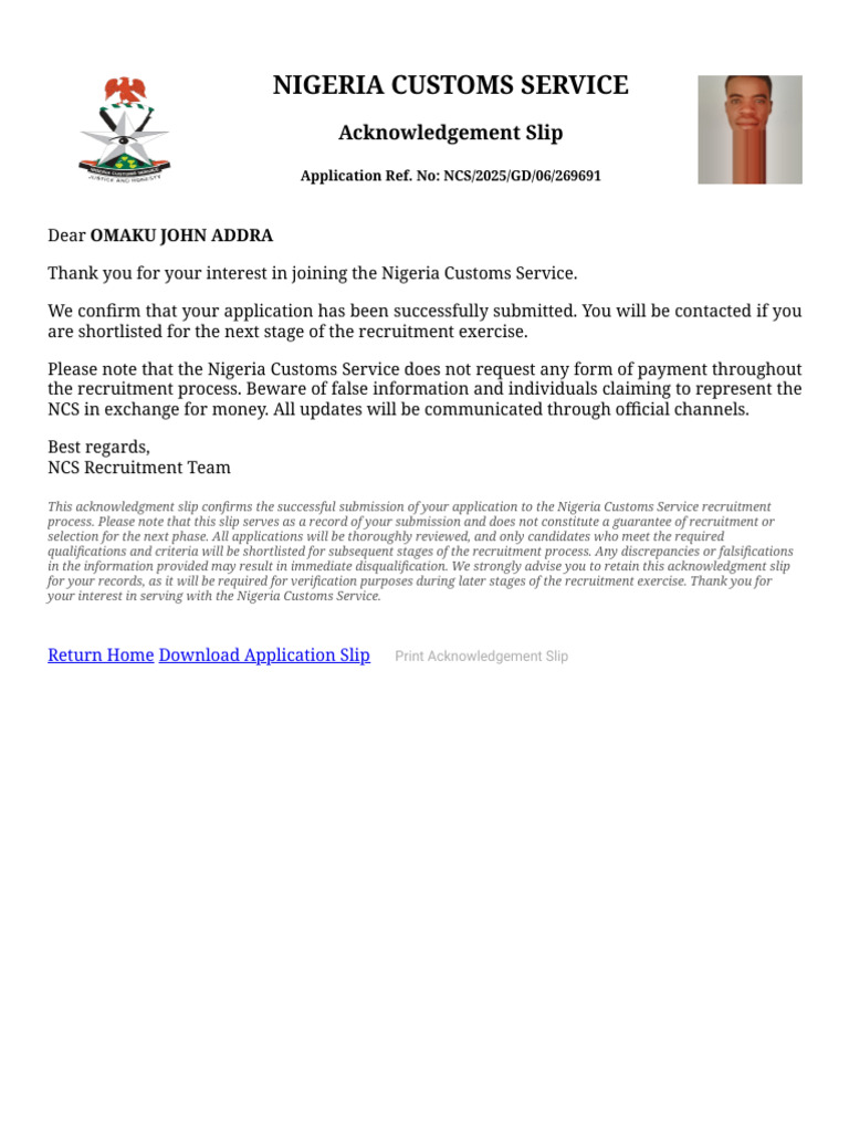 Nigeria Customs Application Confirmation | PDF