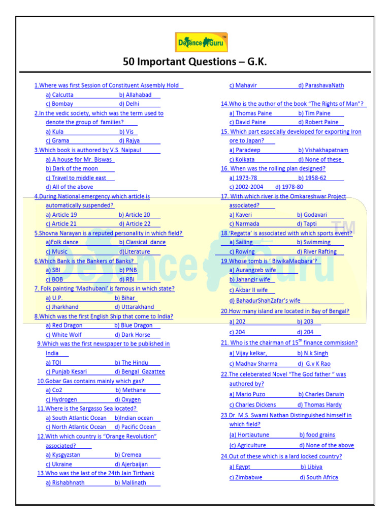 50-important-gk-questions(indiagkpdf.in) | PDF