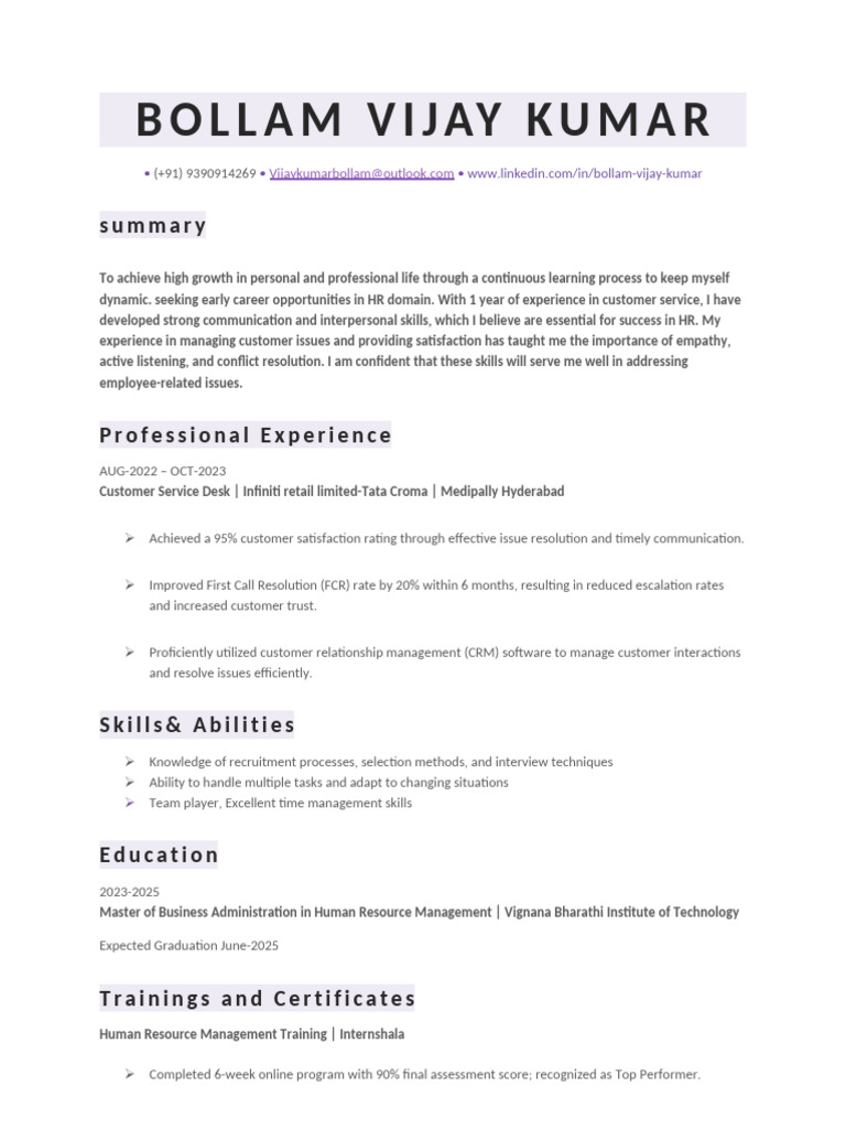 BOLLAM VIJAY KUMAR (HR Resume) | PDF