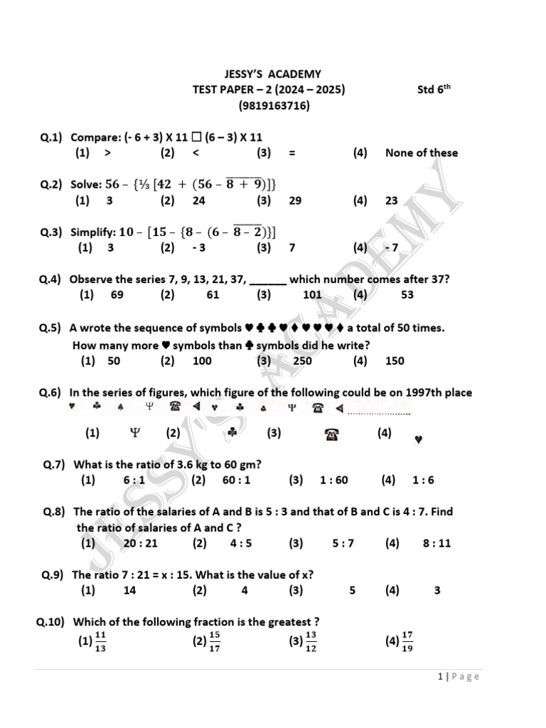 TEST PAPER - 2 (2024-2025) STD 6th | PDF