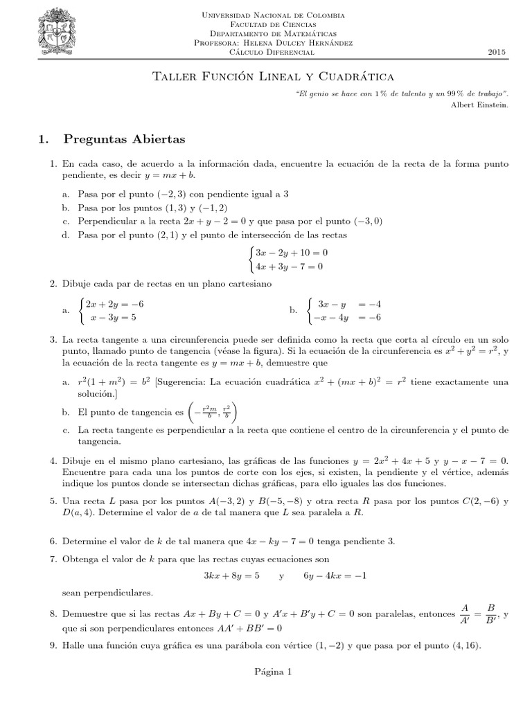Taller 5 Funcion Lineal y Cuadratica | PDF | Pendiente | Tangente