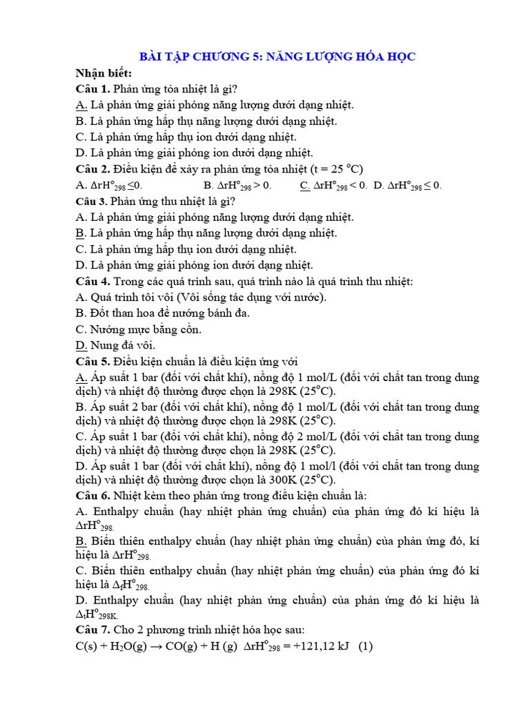 BAI TAP CHUONG NANG LUONG HOA HOC PDF CAU HOI NHIEU SU LUA CHON E85b6 | PDF
