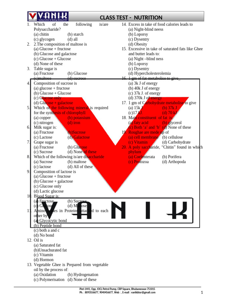 CLASS TEST - NUTRITION | PDF | Carbohydrates | Glucose