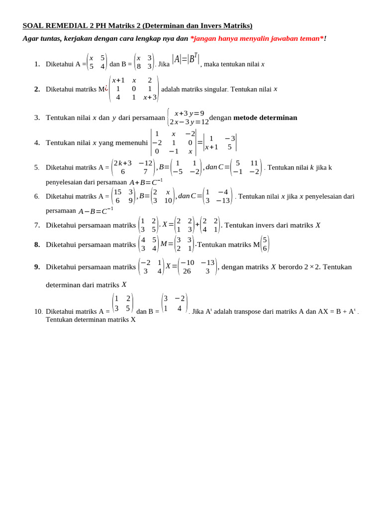 Soal Remedial Matriks: Determinan & Invers | PDF