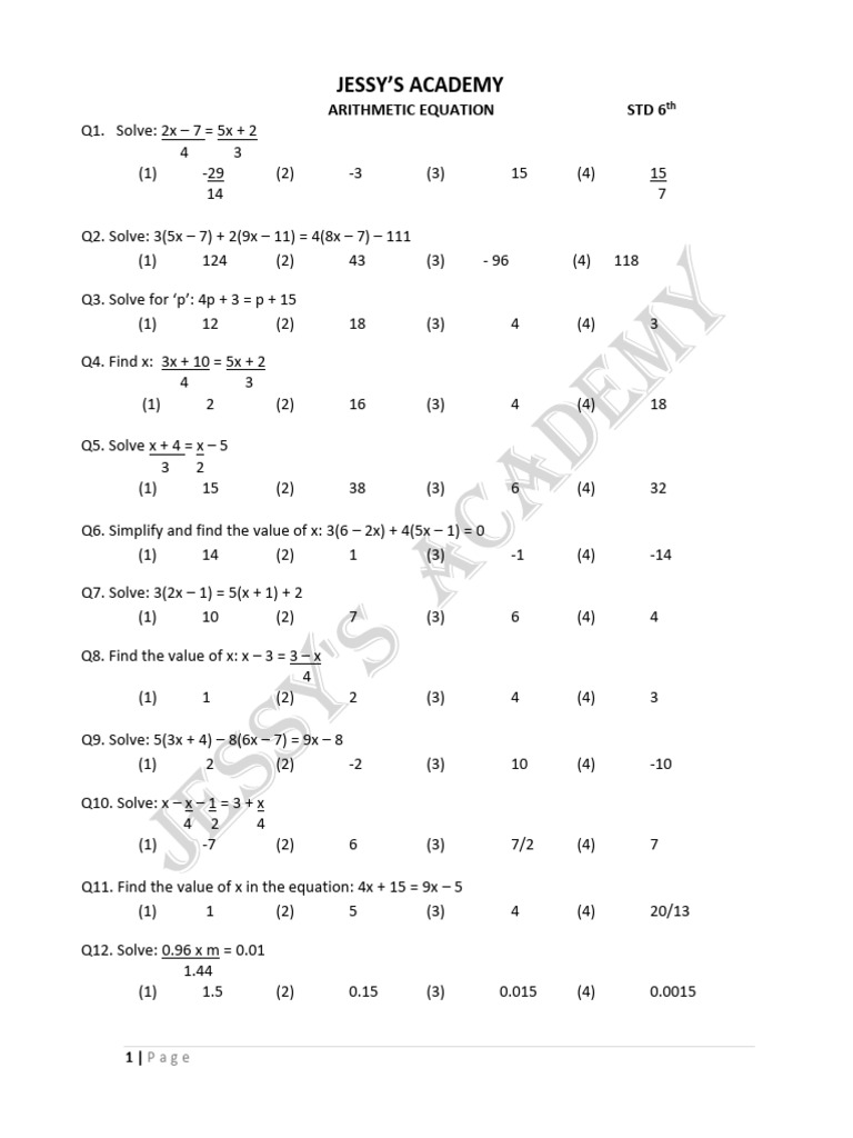 ARITHMETHIC EQUATION STD 6th | PDF | Length | Physical Quantities