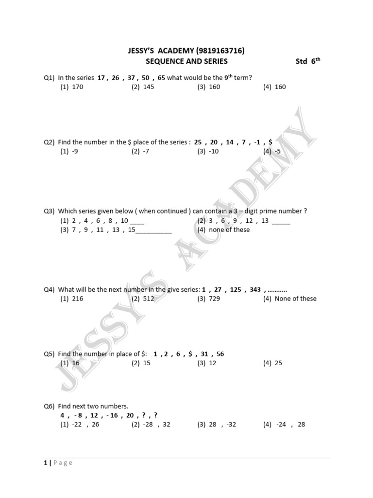 Sequence and Series Worksheet for Grade 6 | PDF
