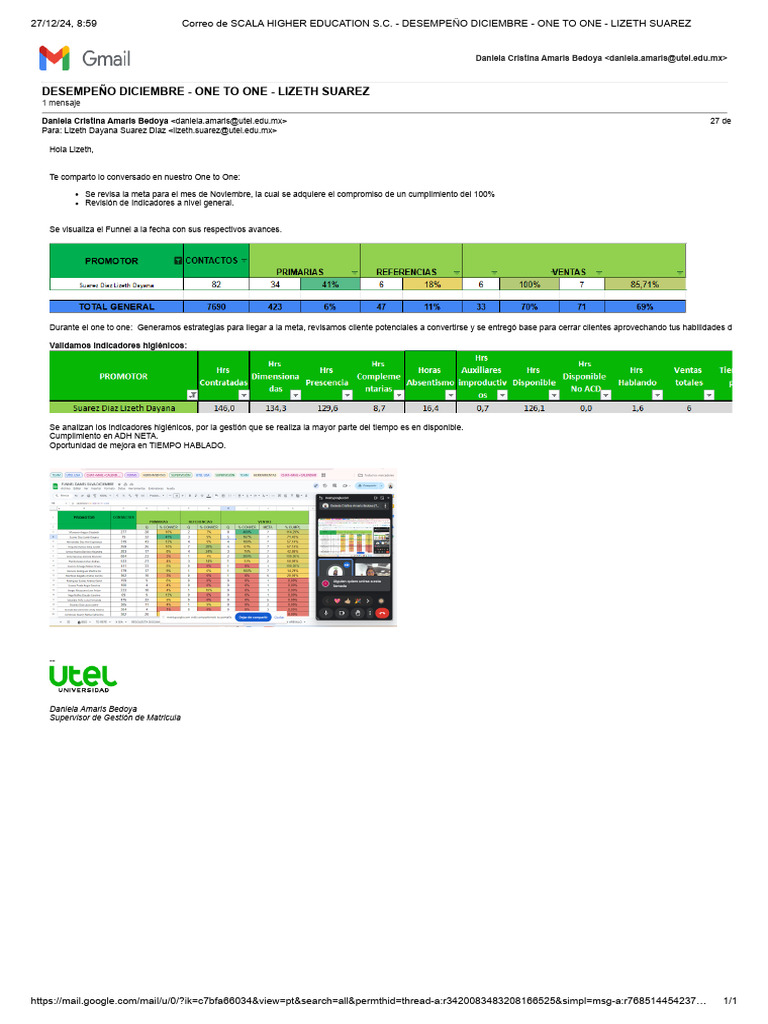 Desempeño Diciembre - One To One - Lizeth Suarez | PDF