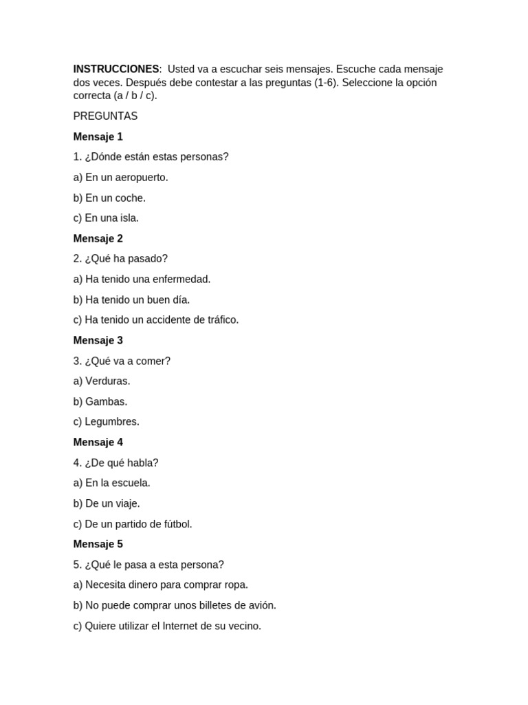 Ejercicio de Comprensión Auditiva: Mensajes y Preguntas | PDF