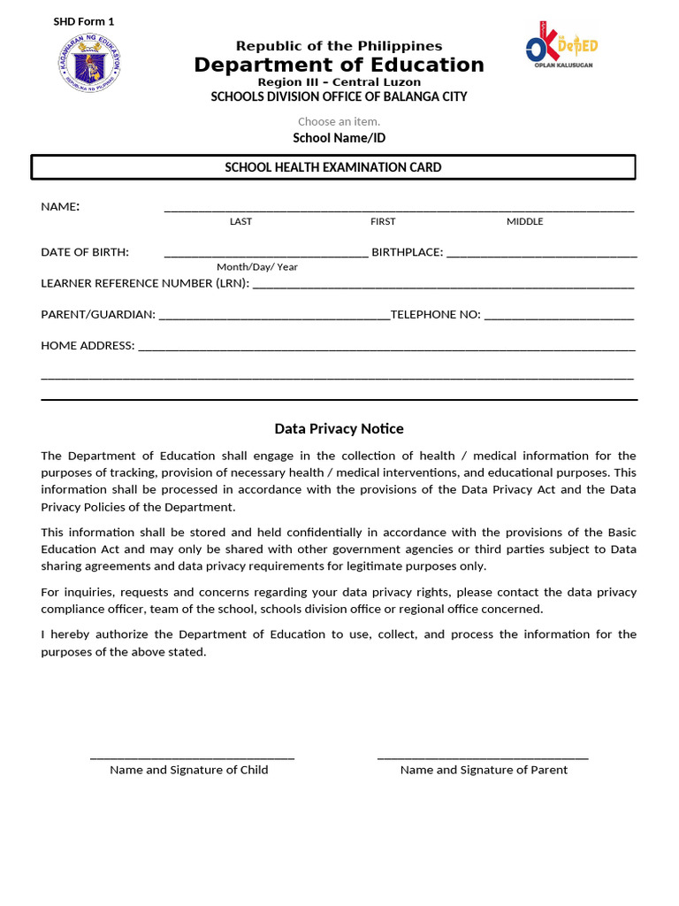 School Health Examination Card | PDF | Clinical Medicine | Diseases And ...