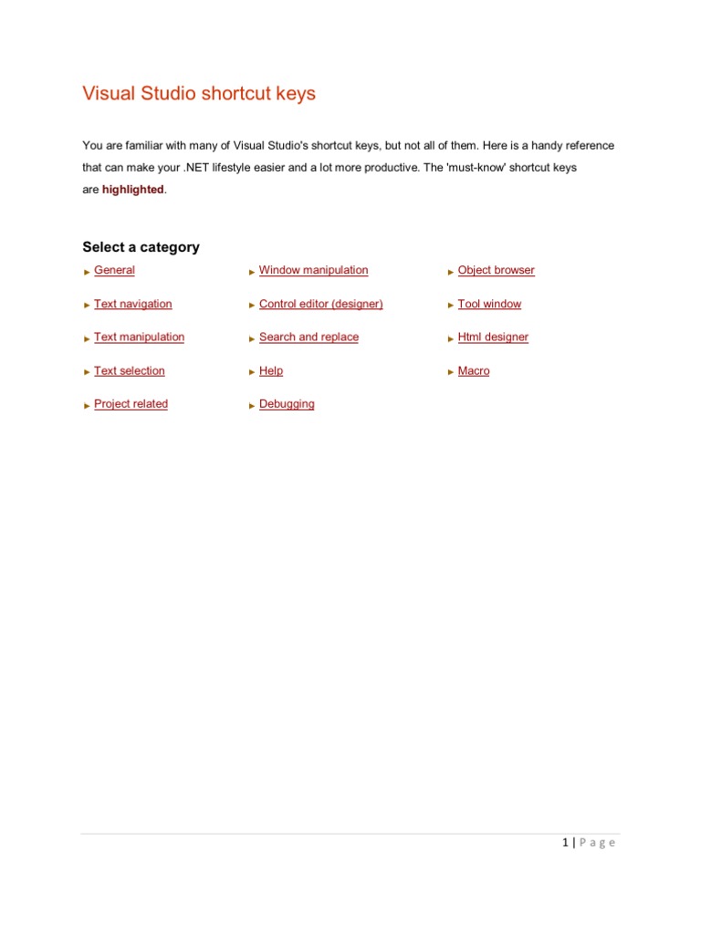 Visual Studio Shortcut Keys | PDF | Keyboard Shortcut | Tab (Gui)