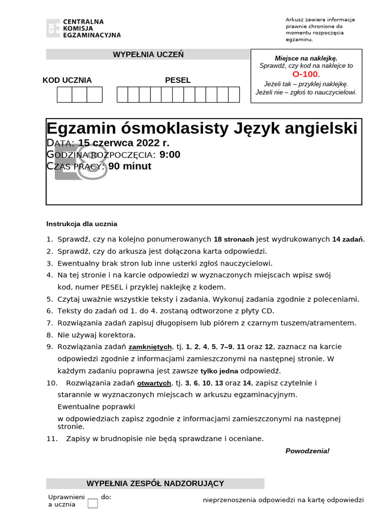 Jezyk Angielski 2022 Czerwiec Egzamin Osmoklasisty Dodatkowy | PDF