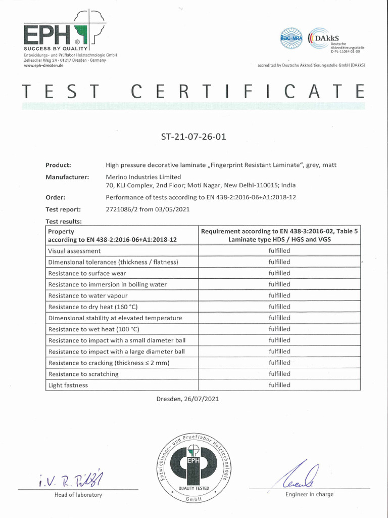 Colorite Test Certificate for Laminate | PDF | Materials | Building ...