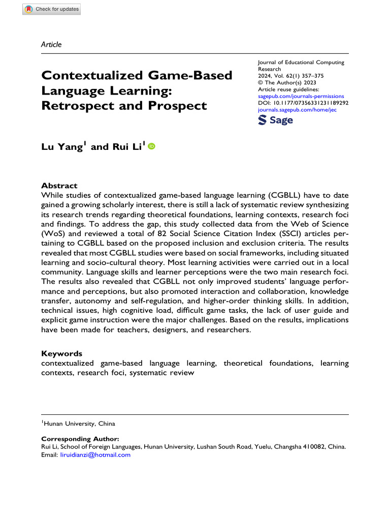 Yang Li 2023 Contextualized Game Based Language Learning Retrospect and Prospect | PDF ...