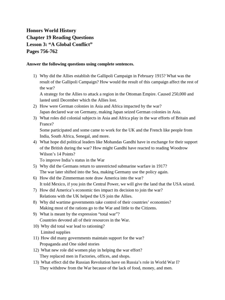 Honors World 2021 Chapter 19 Lesson 3 Reading Questions | PDF | World ...
