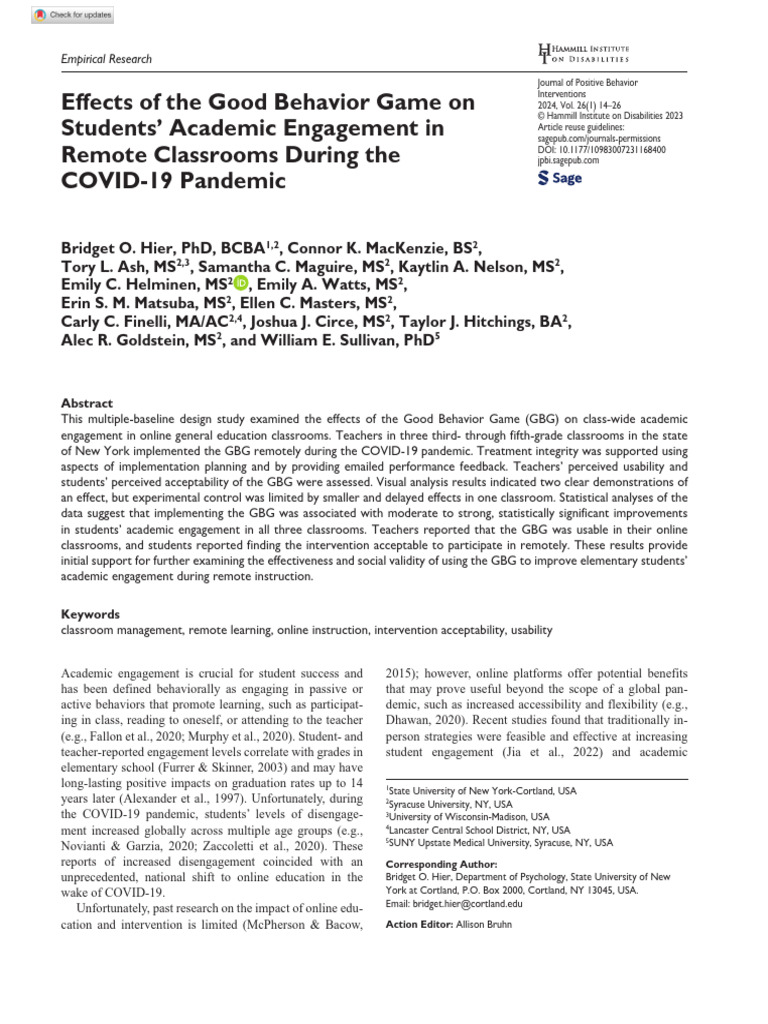 Good Behavior Game in Remote Classrooms | PDF | Teachers | Race And ...