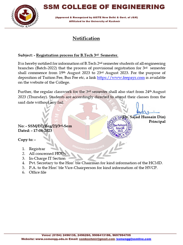 B.Tech 3rd Semester Registration Notice | PDF