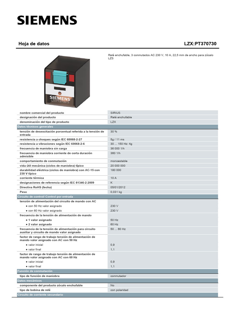 LZX PT370730 Datasheet Es | PDF | Relé | Electricidad