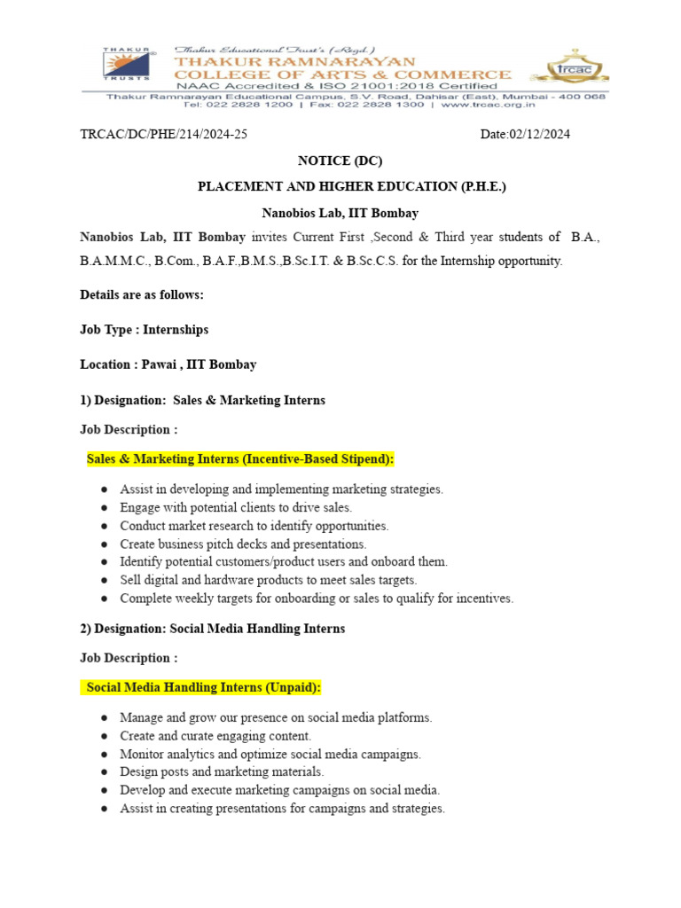 Trcac DC Phe 214 2024 25 Nanobios Lab | PDF