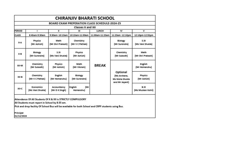 Class Schedule for Board Exam Prep 2024-25 | PDF