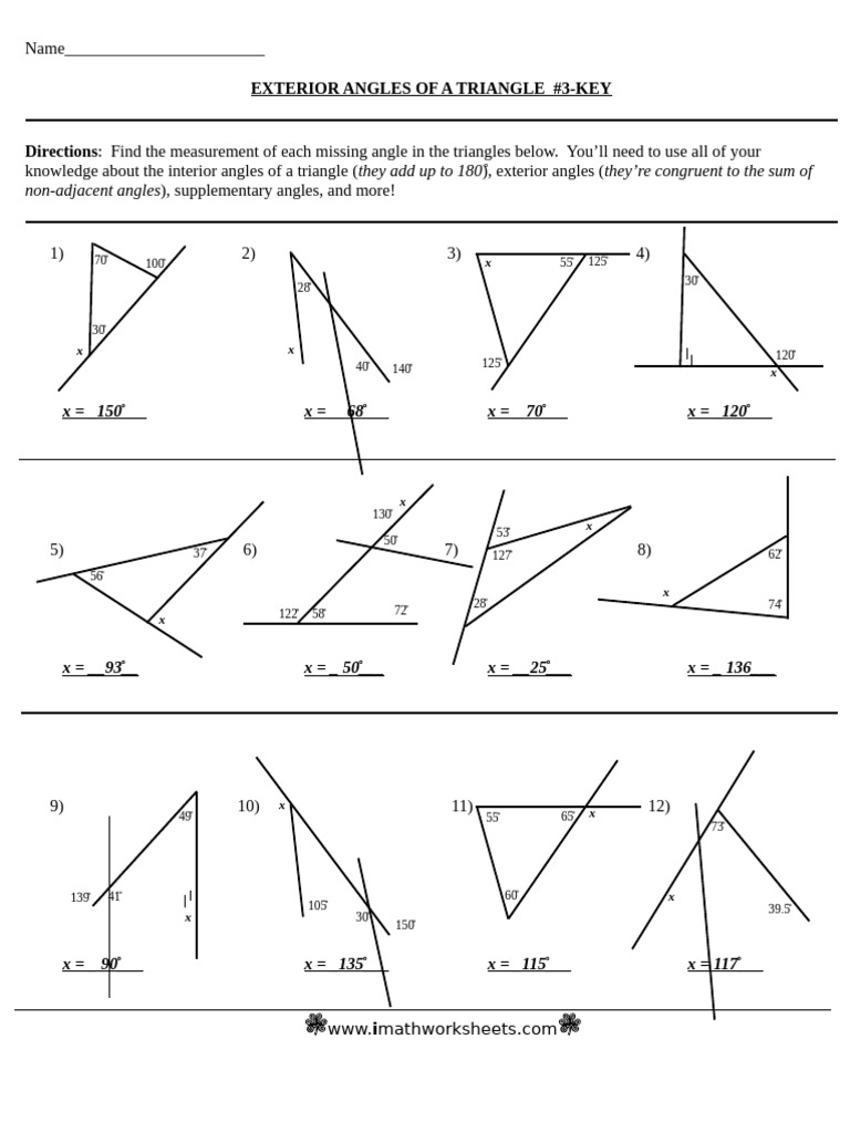 Exterior Angles Triangle 3 KEY | PDF | Triangle | Geometric Shapes