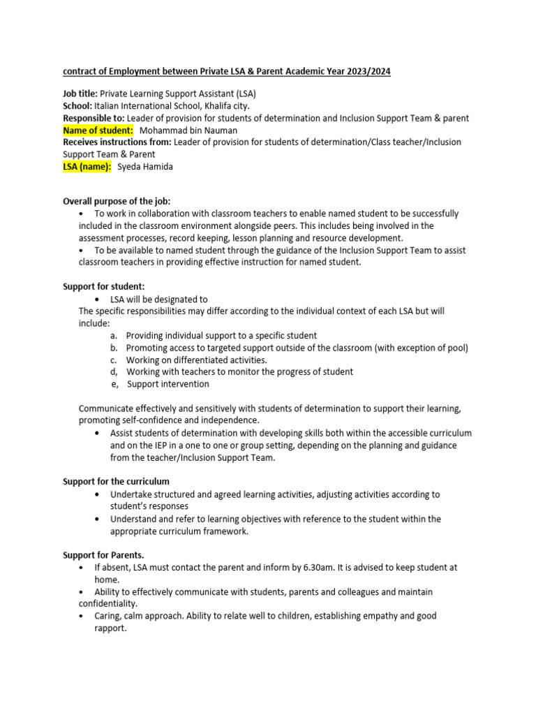 Contract For Mohammed IIS, and Lsa | PDF | Inclusion (Education) | Teachers