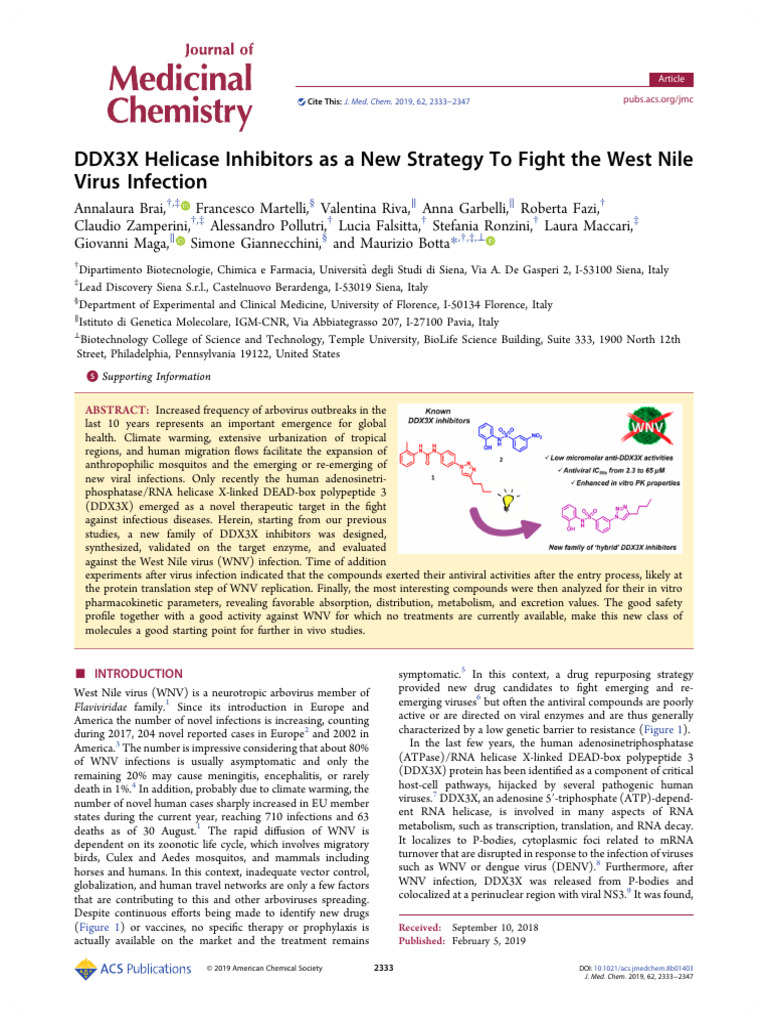 DDX3X Helicase Inhibitors As New Strategy To Fight West Nile Virus ...