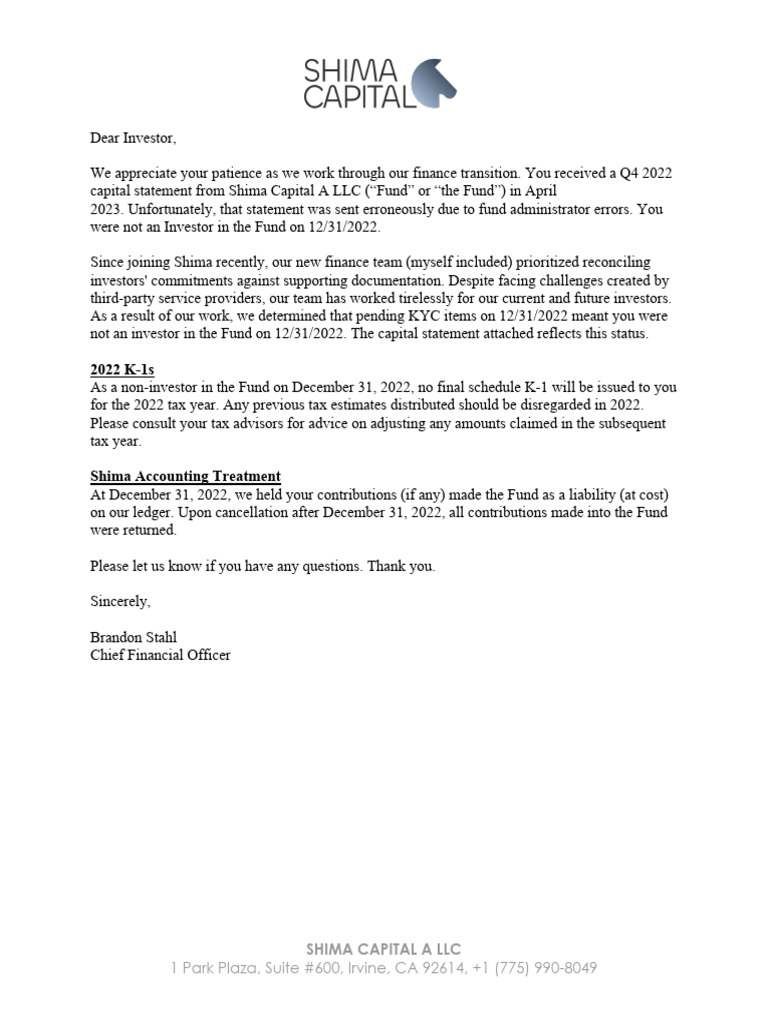 Investor Update: Fund Status Correction | PDF
