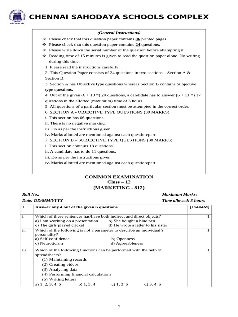 XII MARKETING (812) CSSC Common Examination QUESTION PAPER - 2024-2025 | PDF | Pricing | Marketing