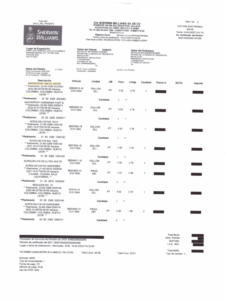 Certificado de Calidad Macropoxy Sherwin Williams Parte A Item #1167 | PDF