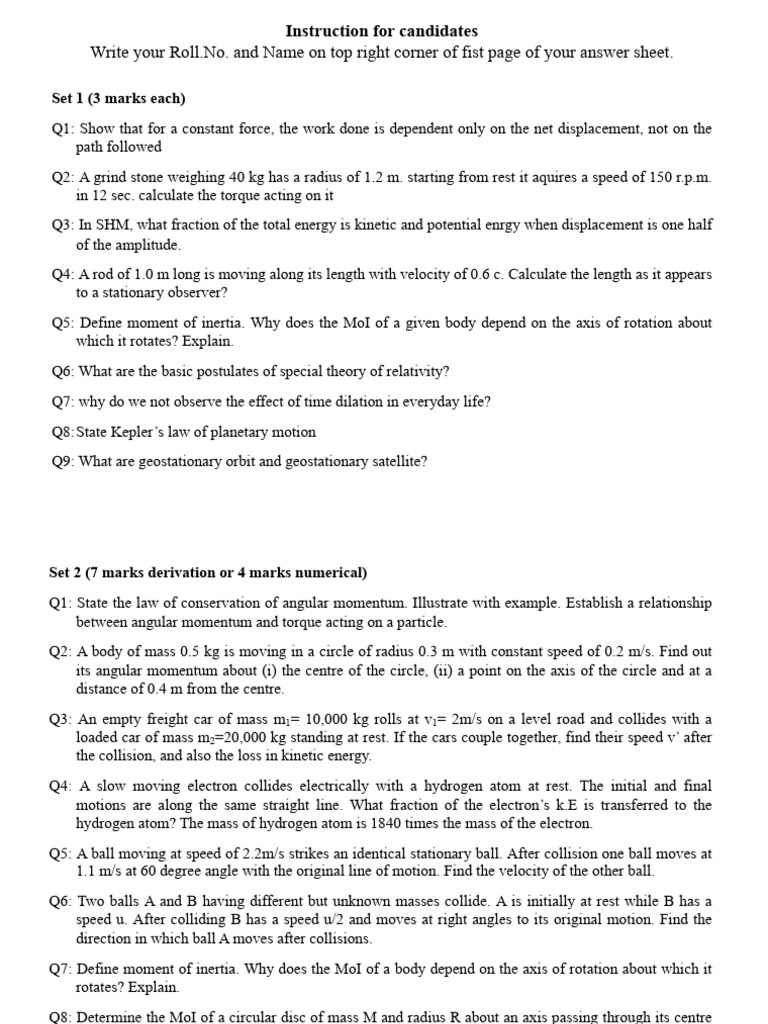 Questions For Internal Assesment | PDF | Rotation Around A Fixed Axis | Angular Momentum