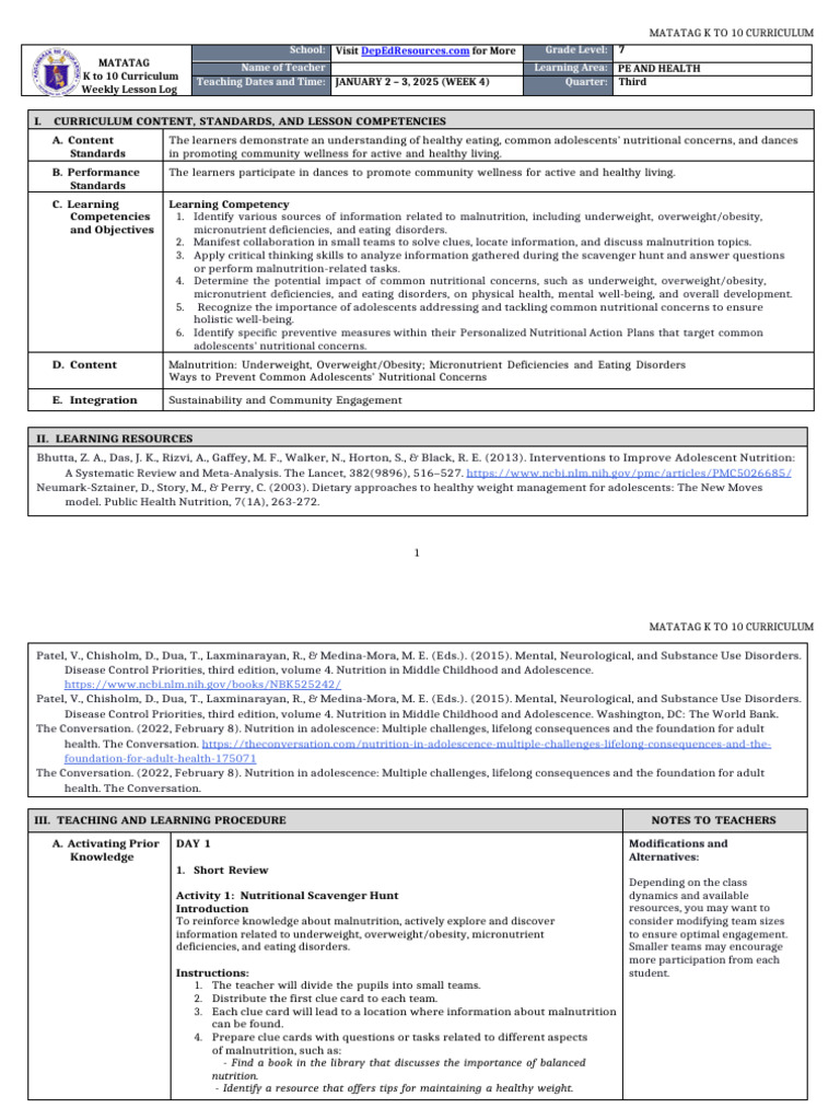 DLL Matatag - Pe&health 7 Q3 W4-5 | PDF | Obesity | Malnutrition