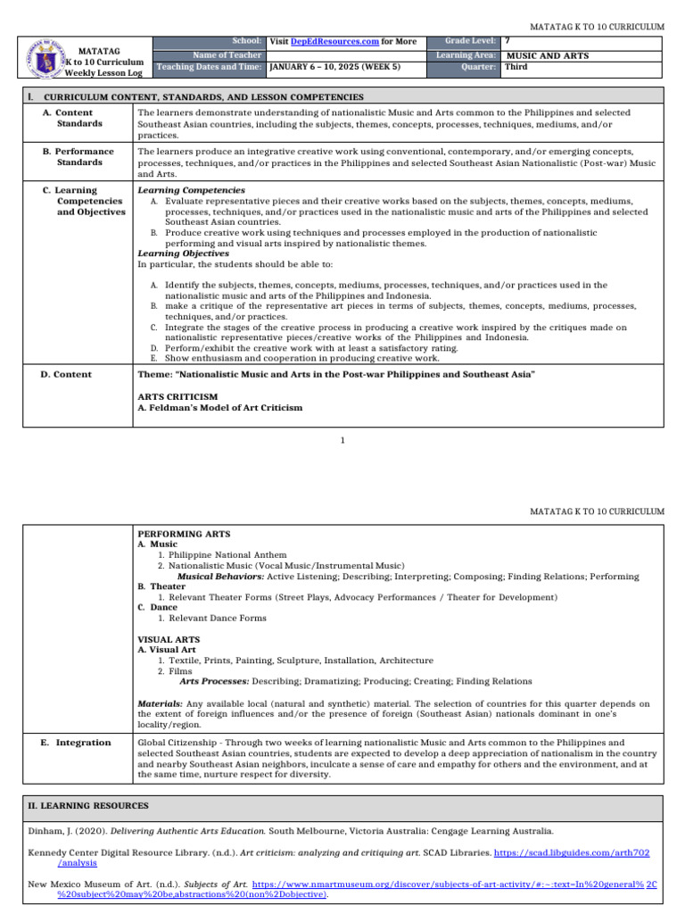 DLL Matatag - Music&arts 7 Q3 W5 | PDF | Curriculum | Learning