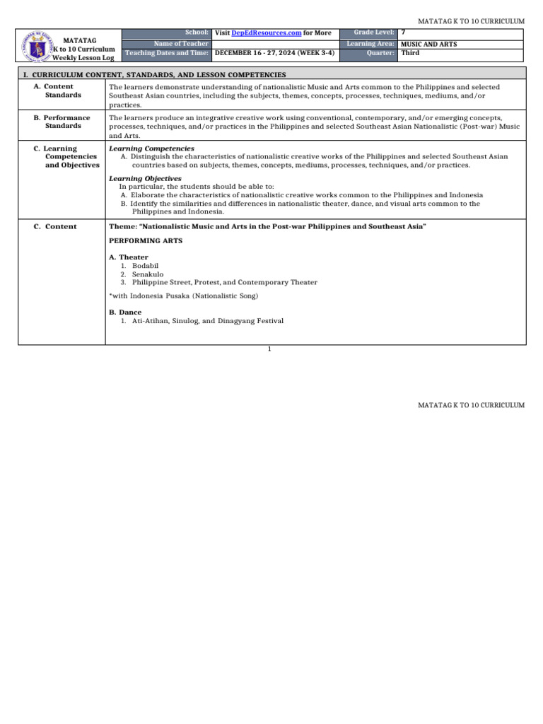 DLL MATATAG _MUSIC&ARTS 7 Q3 W3-4 | PDF | Cebu